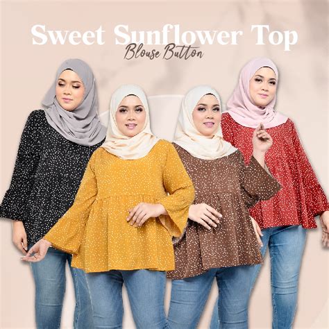 [view] Fs 3xl Plus Size Muslimah Blouse Sweet Sunflower Top Blouse