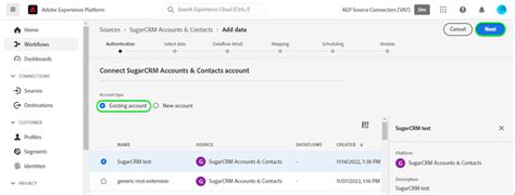create a sugarcrm accounts and contacts source connection in the ui