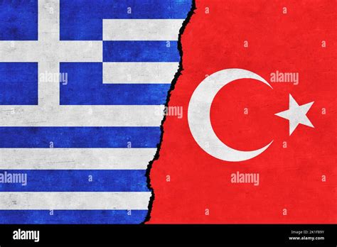 Turkey And Greece Painted Flags On A Wall With A Crack Greece And