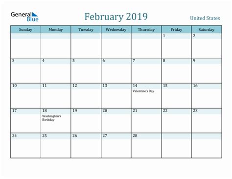 February 2019 Monthly Calendars With United States Holidays