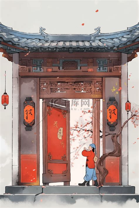 古典新年大红门手绘插画图片 千库网