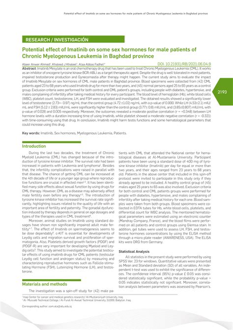 Pdf Potential Effect Of Imatinib On Some Sex Hormones For Male