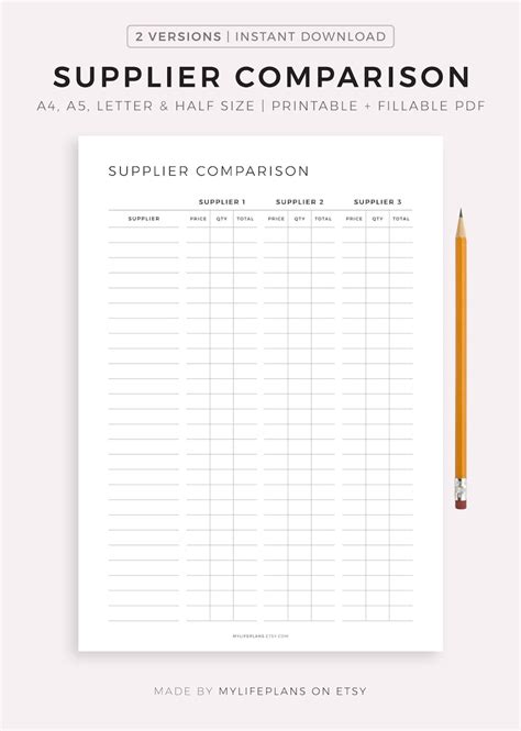 Supplier Comparison Sheet Printable And Fillable Compare Etsy