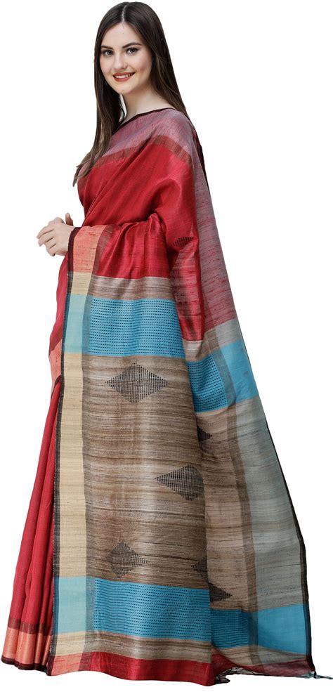 Garnet Pose Kosa Sari From Jharkhand With Straight Stitch On Pallu And Jute Weave Exotic India Art