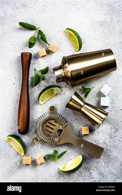 Ingredients For Making Drinks And Cocktails Bartender Tools Stock