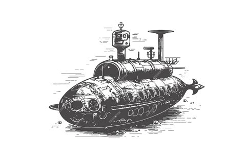 흑인과 백인 빈티지 잠수함 흰색 배경 벡터 일러스트 레이 션에 강조 Handdrawn 스케치 프리미엄 벡터