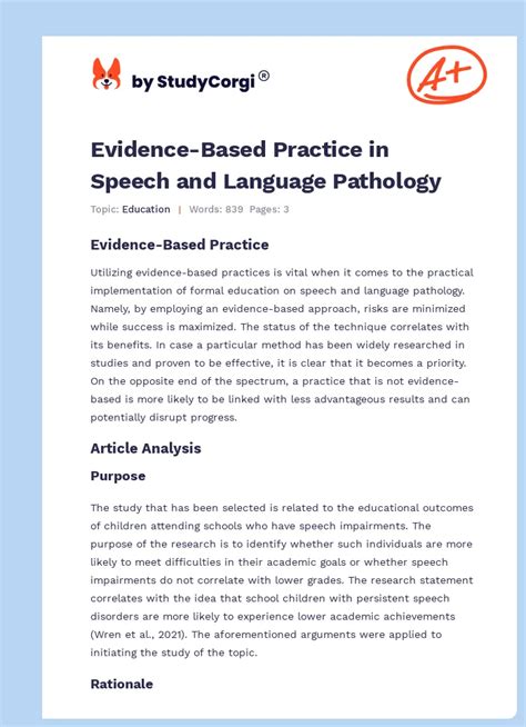 Evidence Based Practice In Speech And Language Pathology Free Essay Example