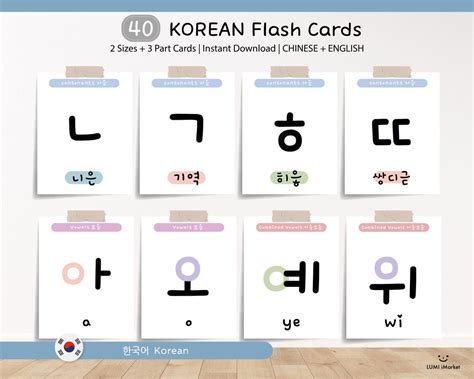Korean Vowels Consonants Flash Cards Hangul Basic Korean