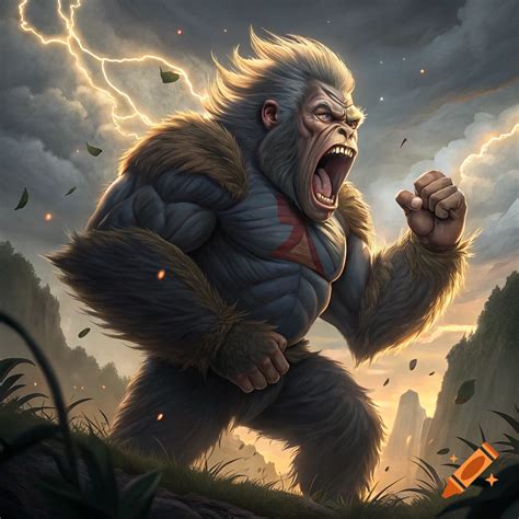 Giant Grey Ape Monster Roaring With Lightning Behind It On Craiyon