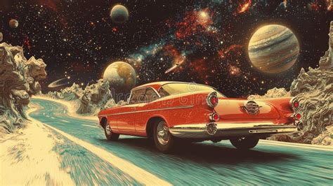 Vintage Red Car Driving Through Surreal Cosmic Landscape Stock Image