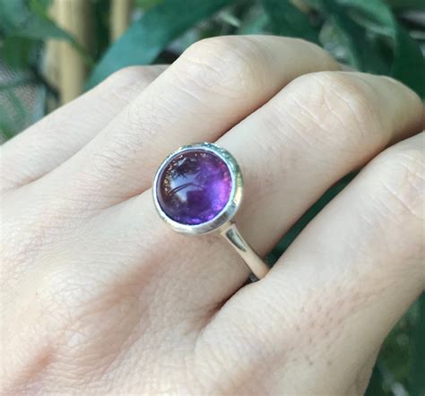Round Amethyst Healing Cab Silver Ring Purple Amethsyt Solitaire Ring