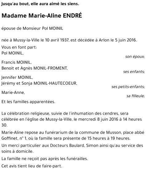 Avis De Décès De Marie Aline EndrÉ Décédé Le 05062016 à Arlon