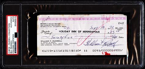 1970 Bill Russell Signed Check Bill Russell Collection Pedigree Label