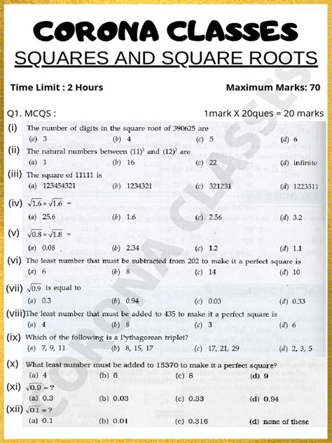 Math Test Squares And Roots Pdf