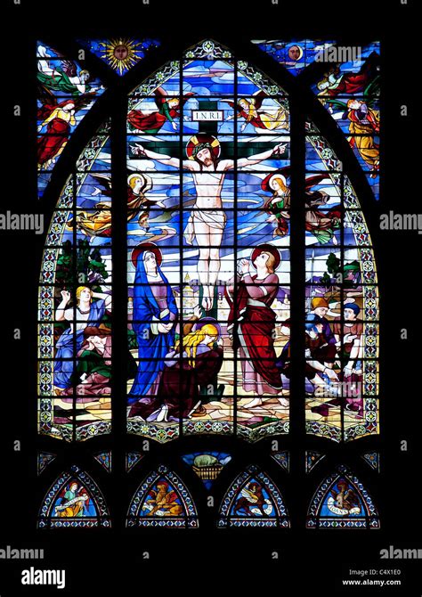 Stained Glass Window Depicting The Crucifixion Of Jesus Christ Stock