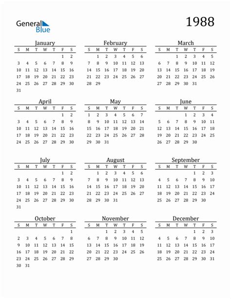 1988 Yearly Calendar