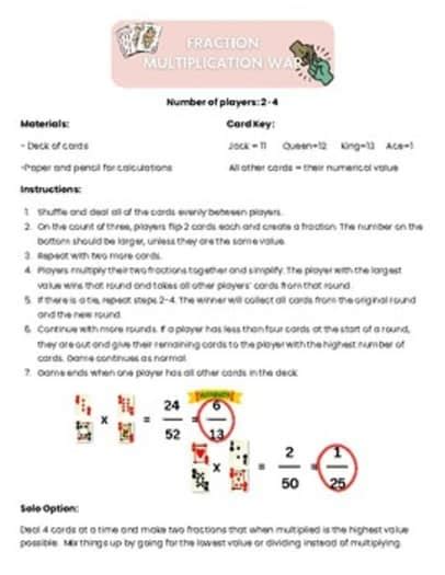Math Card Games Integers Simplifying Fractions Multiplying Fractions