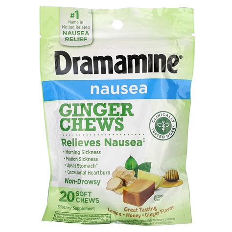 Dramamine Nausea Ginger Chews Lemon Honey Ginger 20 Soft Chews