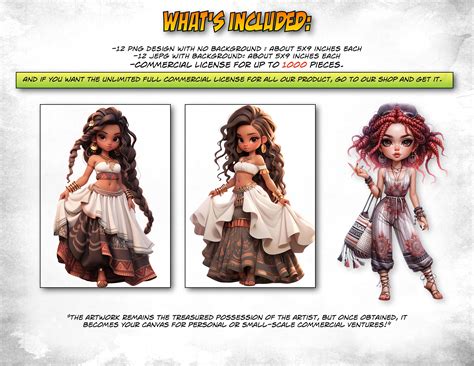 Boho Chibi Beauty Clipart Bundle Ebony Chibi Princess Illustrations