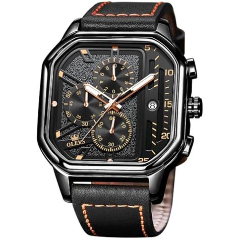Olevs Black Leather Watches For Men Square Classic Drees Chronograph M