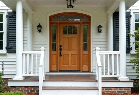 Main Entrance Door In House Wooden Front Door With Gabled Porch And
