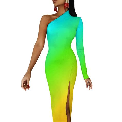 Abstract Maxi Dress One Shoulder Gradient Club Bodycon Dress Autumn