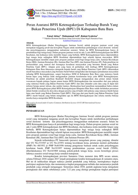Pdf Peran Asuransi Bpjs Ketenagakerjaan Terhadap Buruh Yang Bukan Penerima Upah Bpu Di