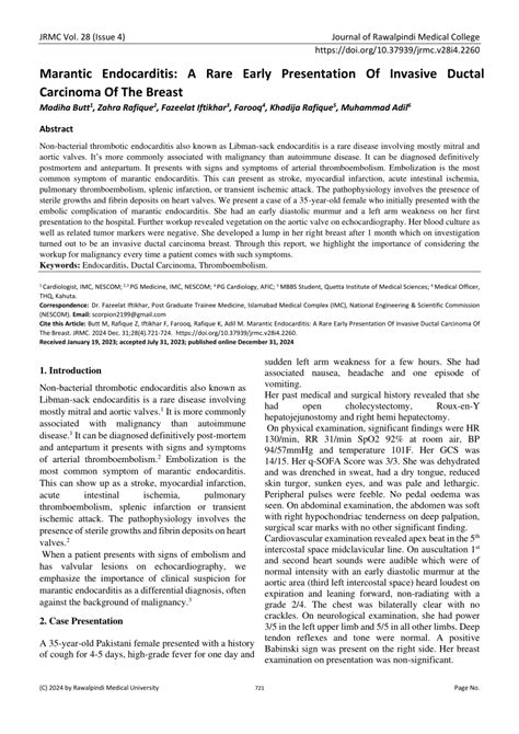 Pdf Marantic Endocarditis A Rare Early Presentation Of Invasive Ductal Carcinoma Of The Breast