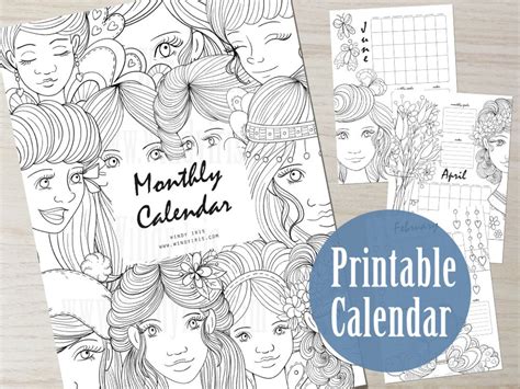 Windy Iris Monthly Coloring Calendar Coloring Page Calendar Etsy