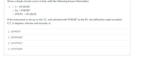 solved given a simple circular curve in feet with the