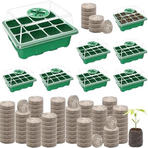 8 Pack Seed Starter Tray With 100 Pcs Peat Pellets 96 Cells Green Plant Germination Trays For