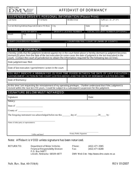 Nebraska Affidavit Of Dormancy Fill Out Sign Online And Download Pdf