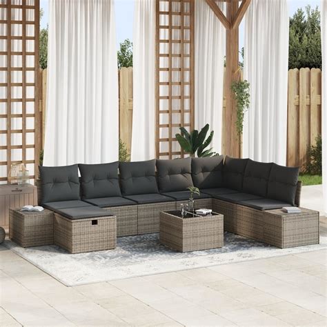 9 Piece Garden Sofa Set With Cushions Grey Poly Rattan Vidaxl Big W