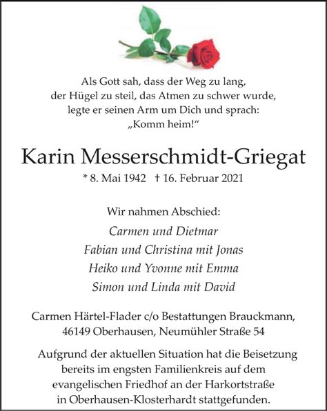 Traueranzeigen Von Karin Messerschmidt Griegat Trauer In Nrw De