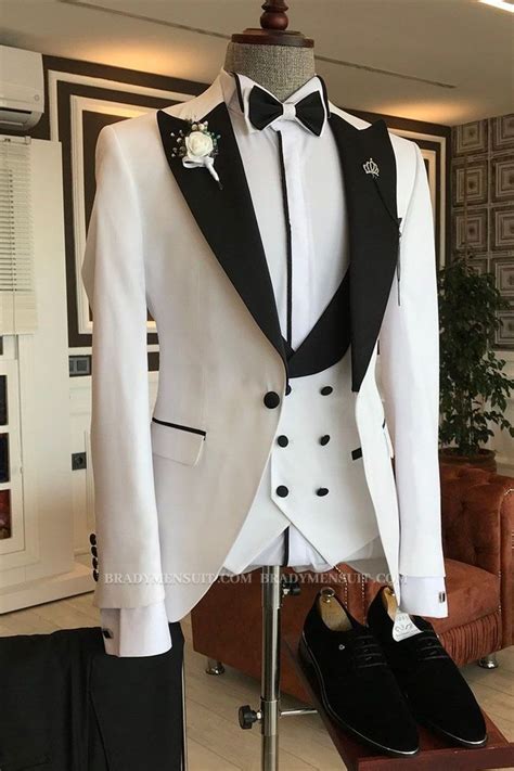 Leo Fashion White Three Piece Black Point Lapel Double Breasted Vest
