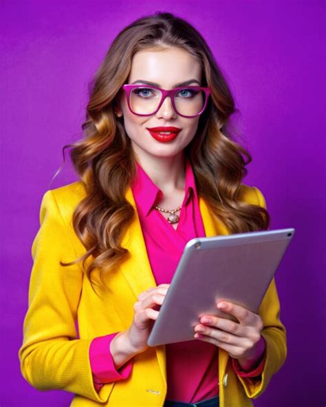 A Beautiful Woman Stands Wearing Glasses And Holding A Tablet In Her Hand Premium Ai Generated