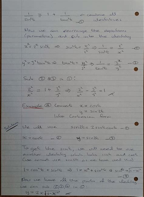 A Level Maths Notes A2 Parametric Equations Convert Parametric To Cartesian Form Part 5