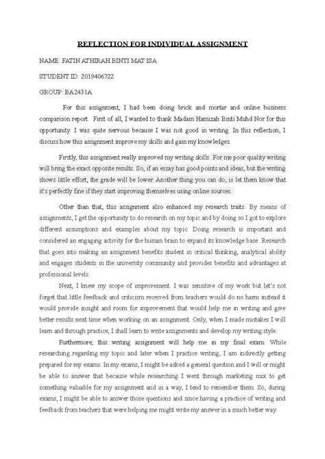 Reflection Individual Reflection For Individual Assignment Name