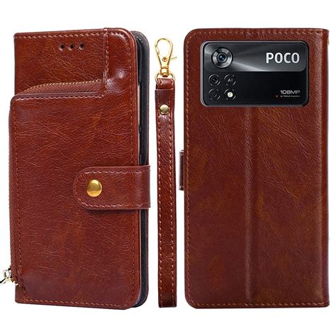 For Xiaomi Poco X Pro G Zipper Bag Leather Phone Case Brown Alexnld Com