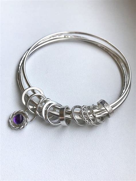 Sterling Silver Amethyst Gemstone Bangles Trio Set Boho Jewellery