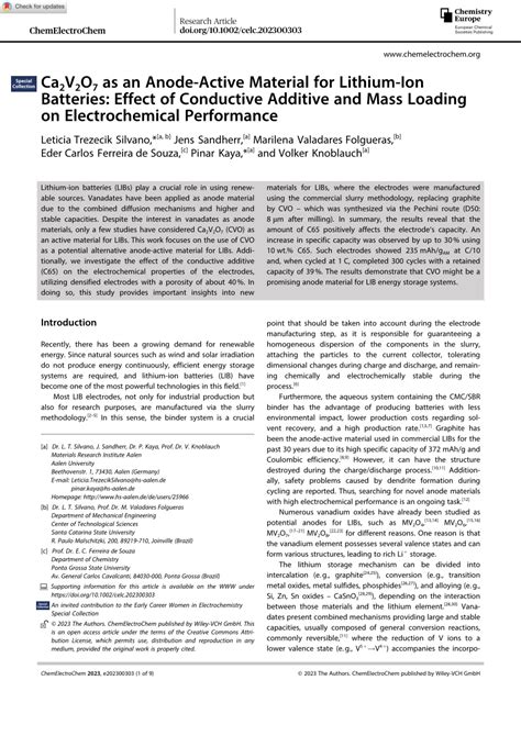 Pdf Ca2v2o7 As An Anode‐active Material For Lithium‐ion Batteries Effect Of Conductive