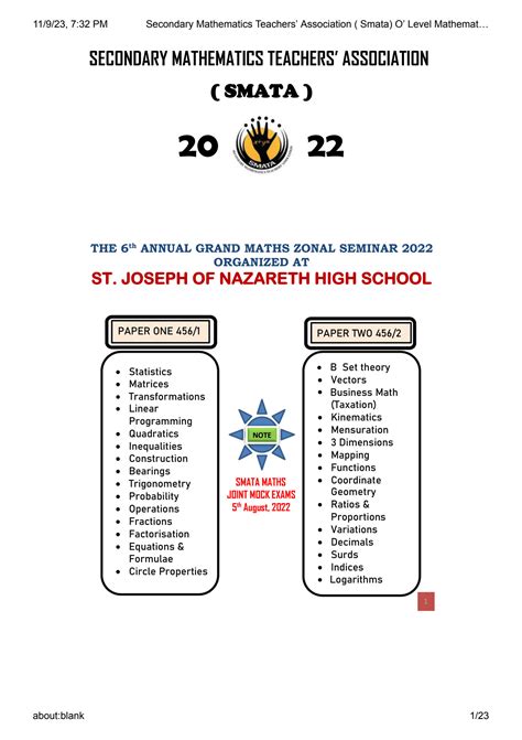 Solution Secondary Mathematics Teachers Association Smata O Level