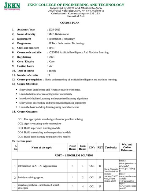 Cs3491 Artificial Intelligence And Machine Learning Pdf Machine