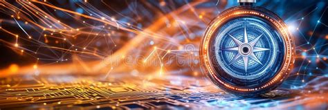 Futuristic Compass With Digital Elements And Glowing Lines Symbolizing