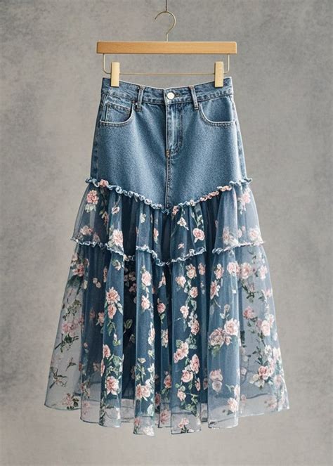 Chic Pink Flower Print Patchwork Tulle Denim Skirt Fall Patchwork