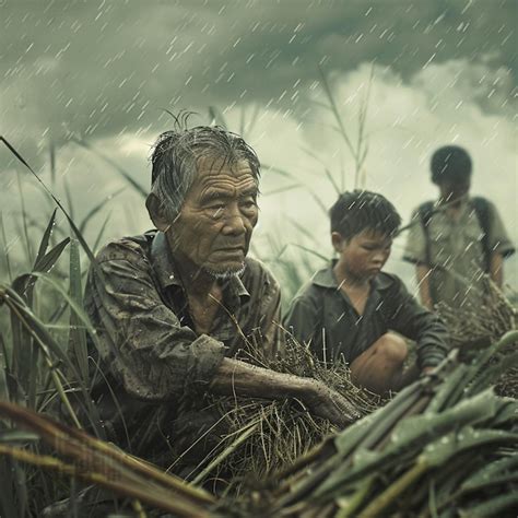 An Asian Old Farmer In Heavy Rain Working In His Fields Besides His