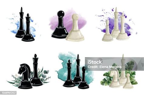 흑백 체스 말 배열 수채화 물감과 식물 배경에 설정된 삽화 왕 여왕 기사 루크 주교 폰의 손으로 그린 사실적인 클립 아트 개체
