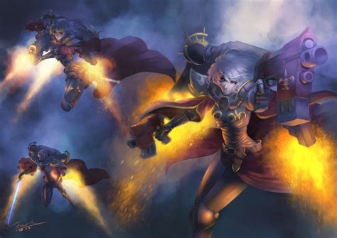 Safebooru 3girls Adepta Sororitas Armor Cape Flying Gun Highres