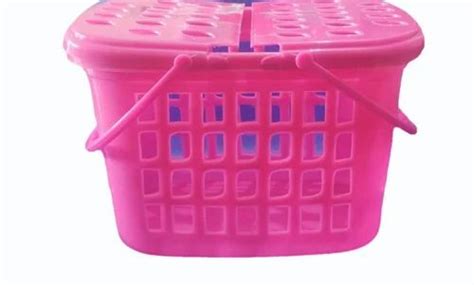 Rectangular Pink Multi Purpose Plastic Handle Basket Size 10 X 12 X 6