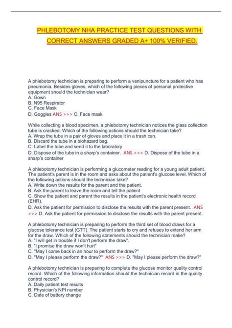 Phlebotomy Nha Practice Test Questions With Correct Answers Graded A